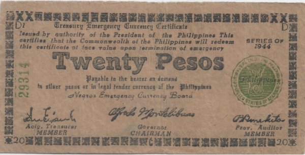 Negros / Philippines 20 pesos 1944 emergency vf currency note - KB ...