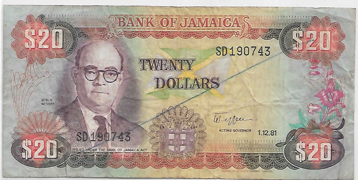 Jamaica - 20 dollars 1981 vf currency note w/ pen mark - KB Coins ...