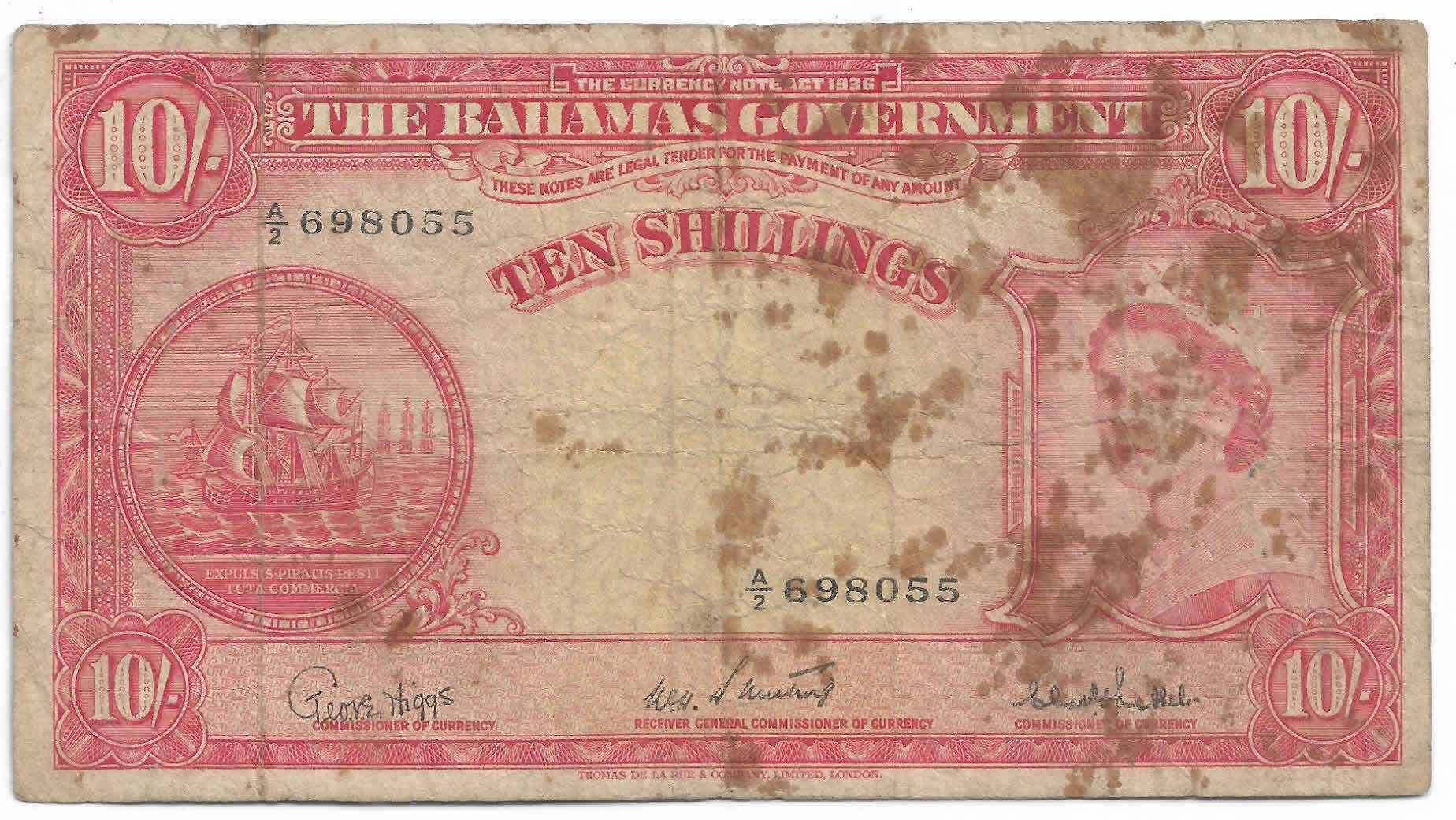 British Bahamas - 10 shillings 1936 scarce currency note / stain - KB ...