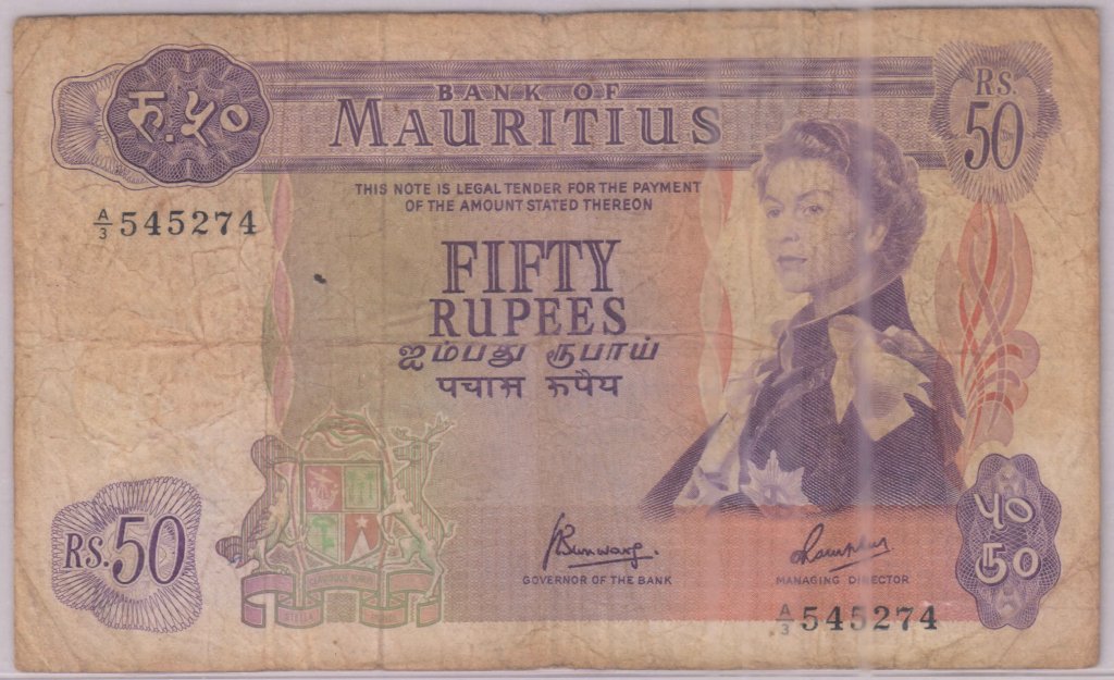 British Mauritius - 50 rupees 1968 vg currency note PCGS graded 15 - KB ...