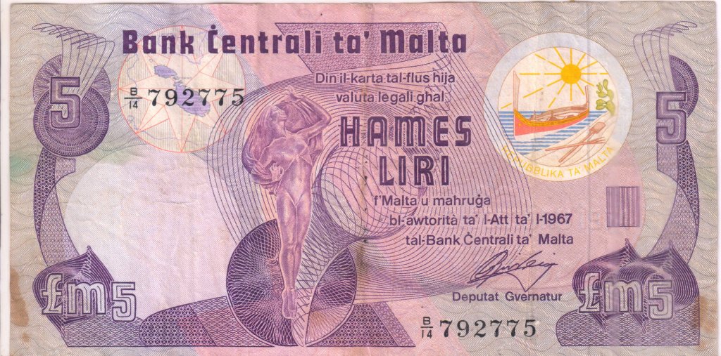 Malta - 5 liri 1967 vf currency note - KB Coins & Currencies