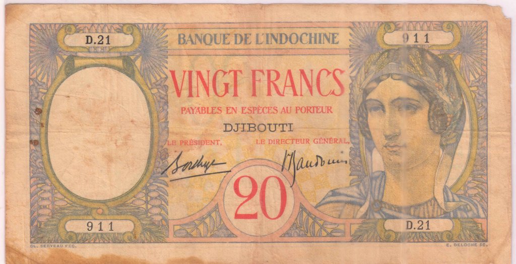 French Somaliland Djibouti - 20 frs 1928 -38 very scarce currency note ...