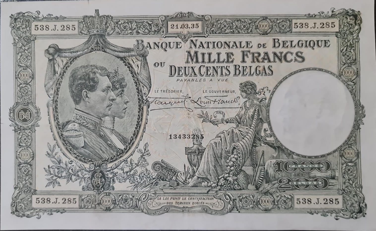Belgium - 1000 frs 1935 vf scarce large size (223x135) currency note ...